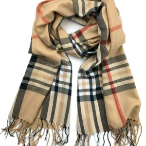 Plum Feathers Luxurious Classic Plaid Pattern Pashmina Scarf (Camel)