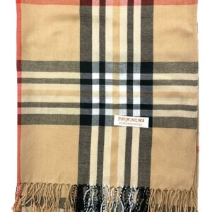 Plum Feathers Luxurious Classic Plaid Pattern Pashmina Scarf (Camel)