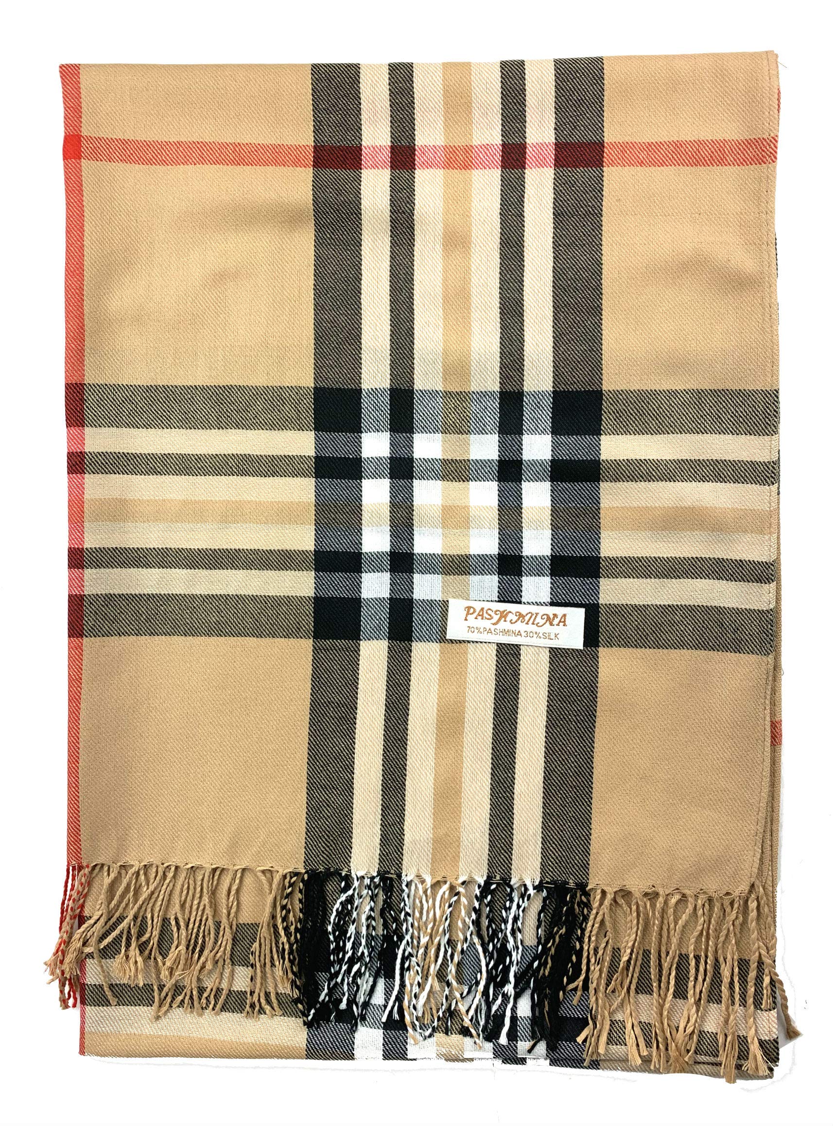 Plum Feathers Luxurious Classic Plaid Pattern Pashmina Scarf (Camel)