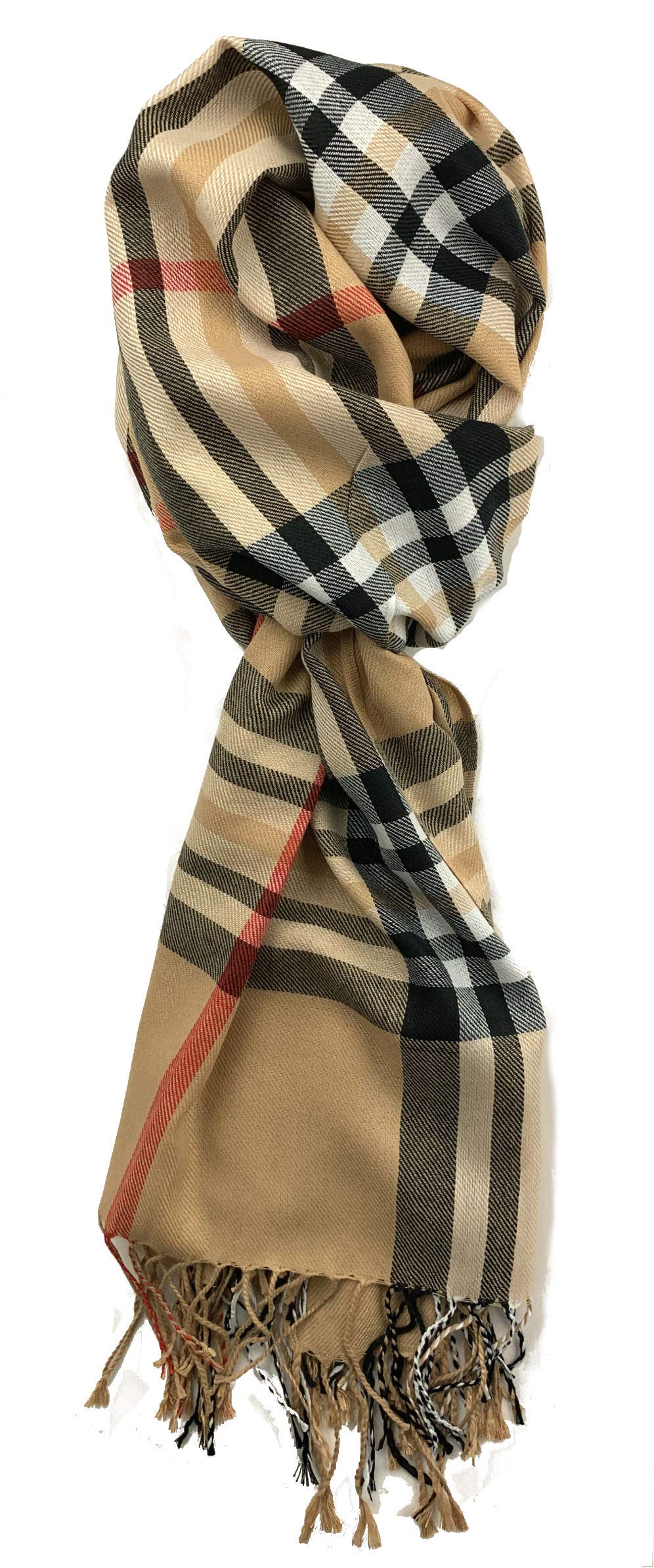 Plum Feathers Luxurious Classic Plaid Pattern Pashmina Scarf (Camel)