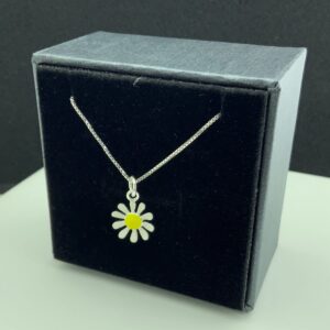 Sterling Silver Ladies Yellow White Enamel Daisy Flower Necklace for Women