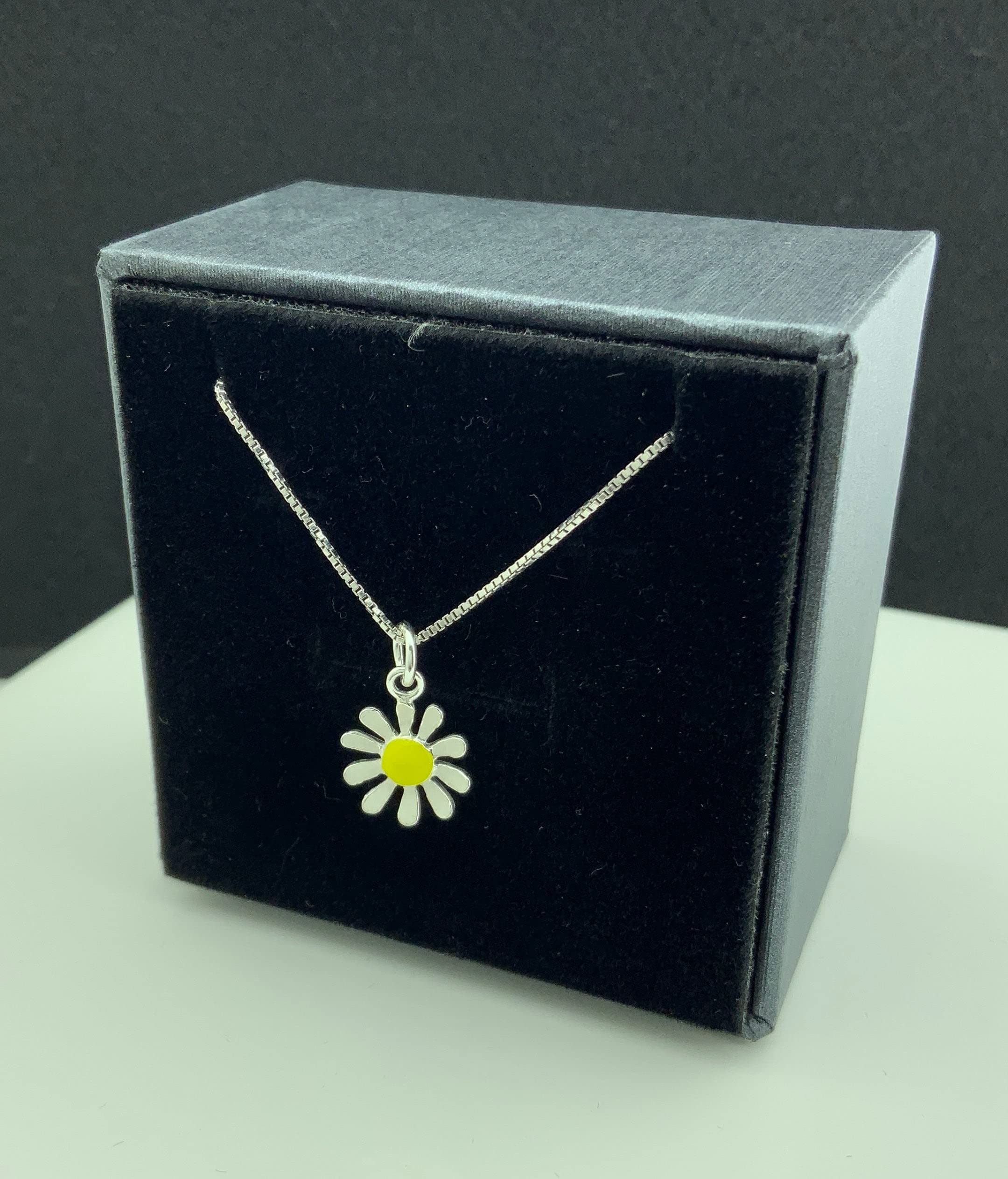 Sterling Silver Ladies Yellow White Enamel Daisy Flower Necklace for Women