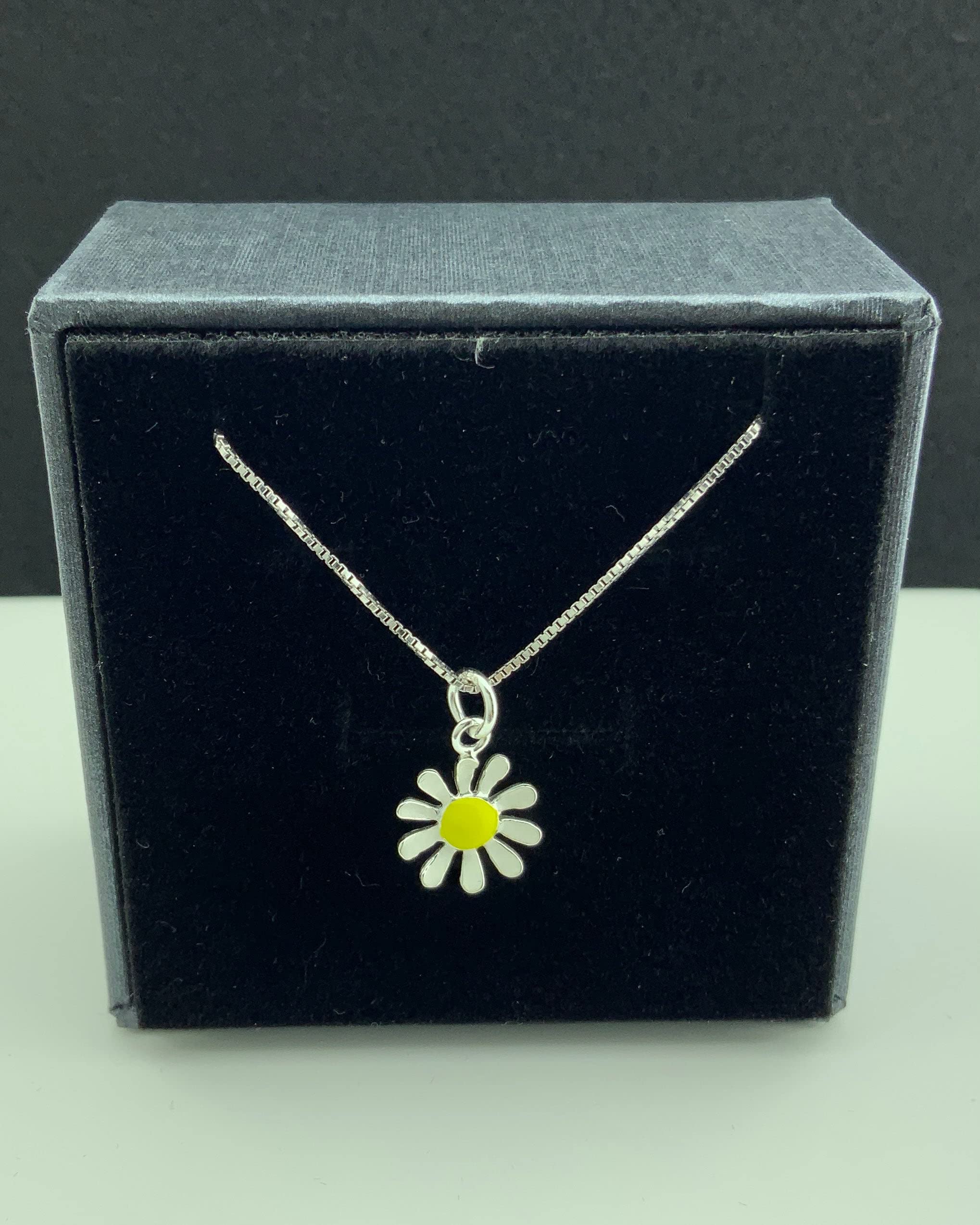 Sterling Silver Ladies Yellow White Enamel Daisy Flower Necklace for Women