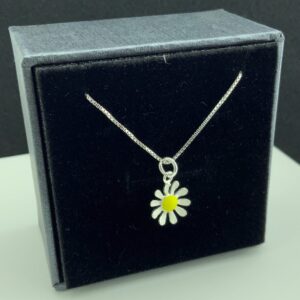 Sterling Silver Ladies Yellow White Enamel Daisy Flower Necklace for Women