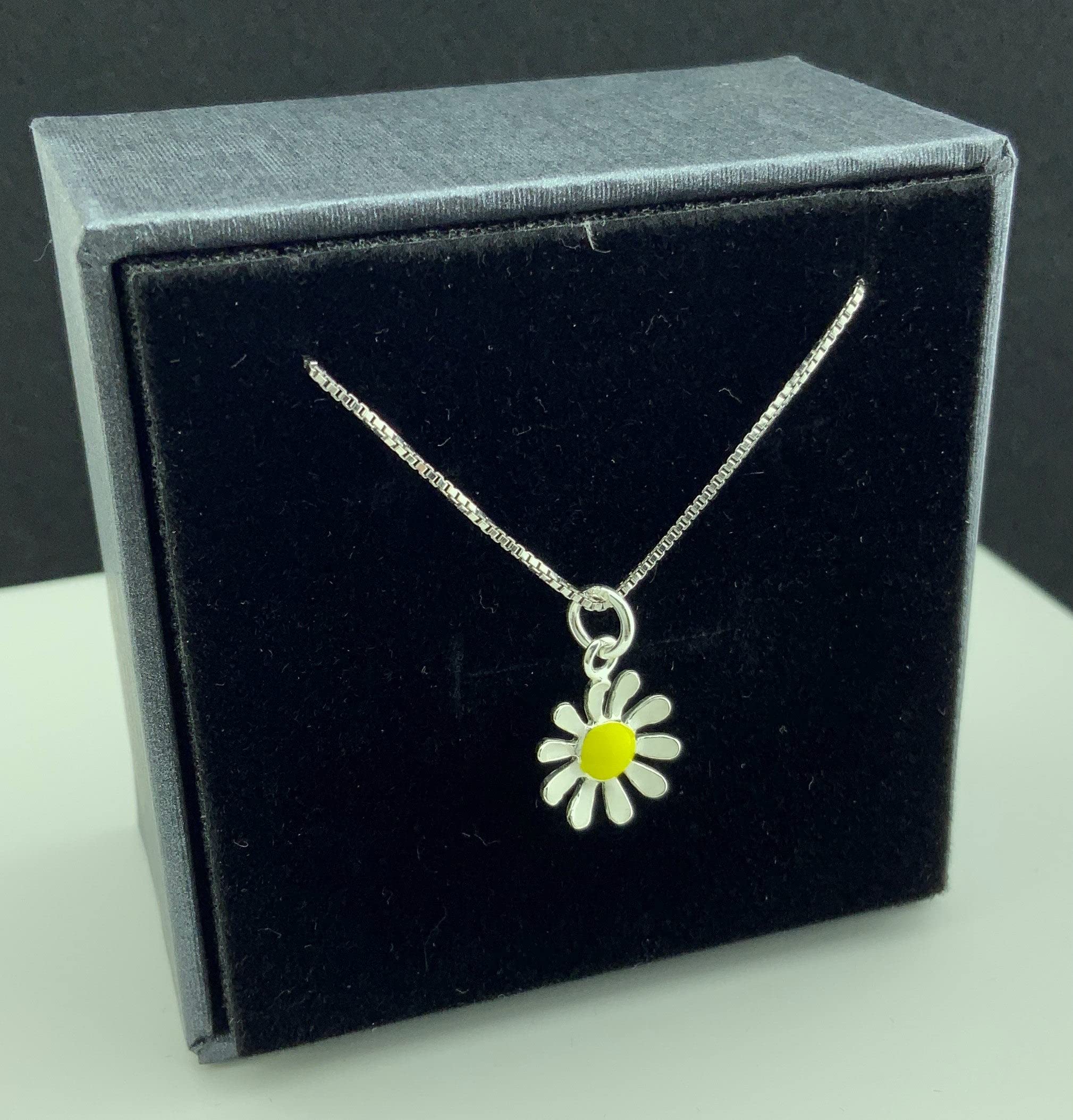 Sterling Silver Ladies Yellow White Enamel Daisy Flower Necklace for Women