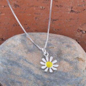 Sterling Silver Ladies Yellow White Enamel Daisy Flower Necklace for Women