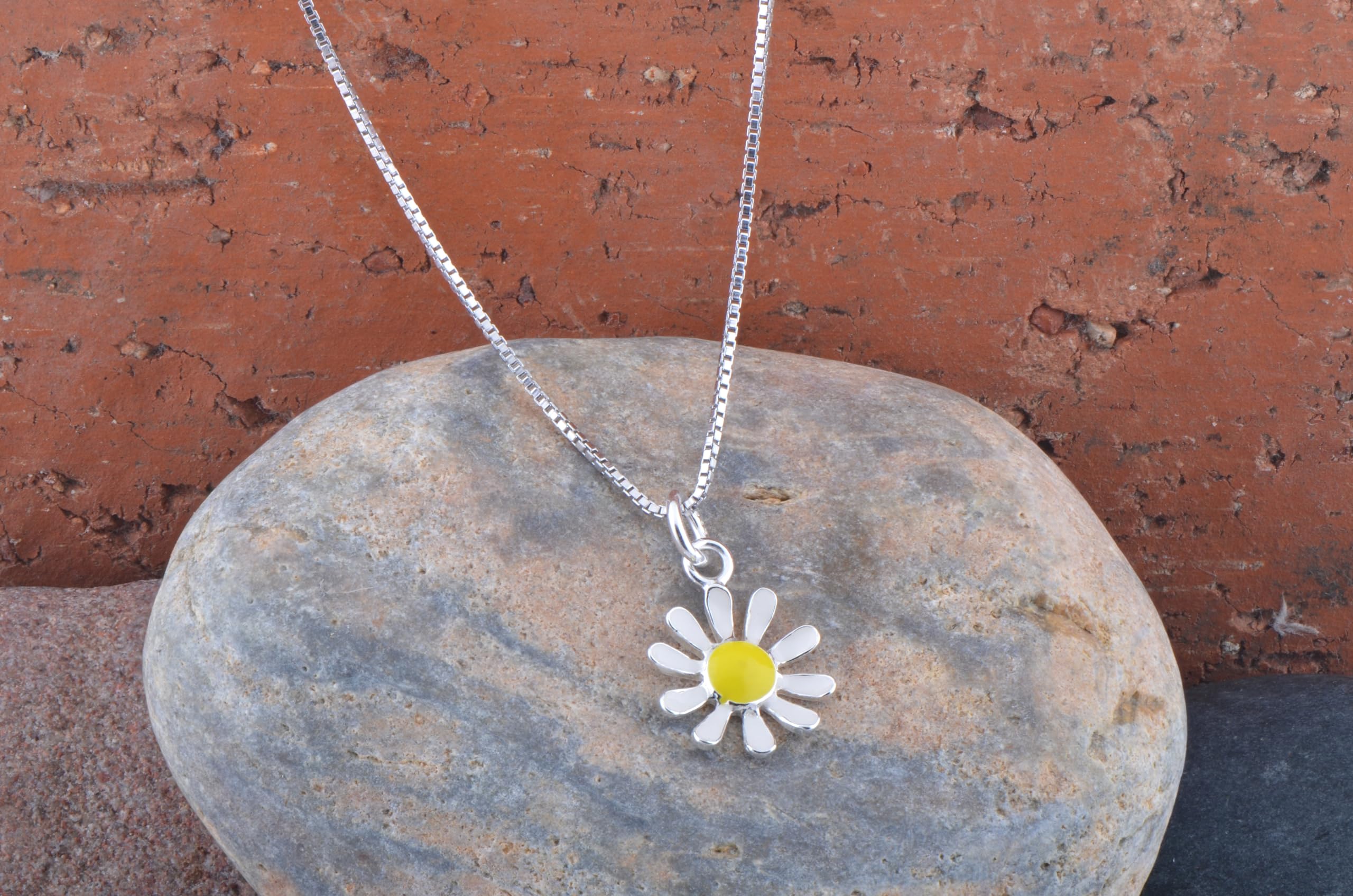 Sterling Silver Ladies Yellow White Enamel Daisy Flower Necklace for Women