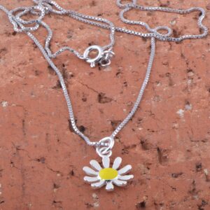 Sterling Silver Ladies Yellow White Enamel Daisy Flower Necklace for Women