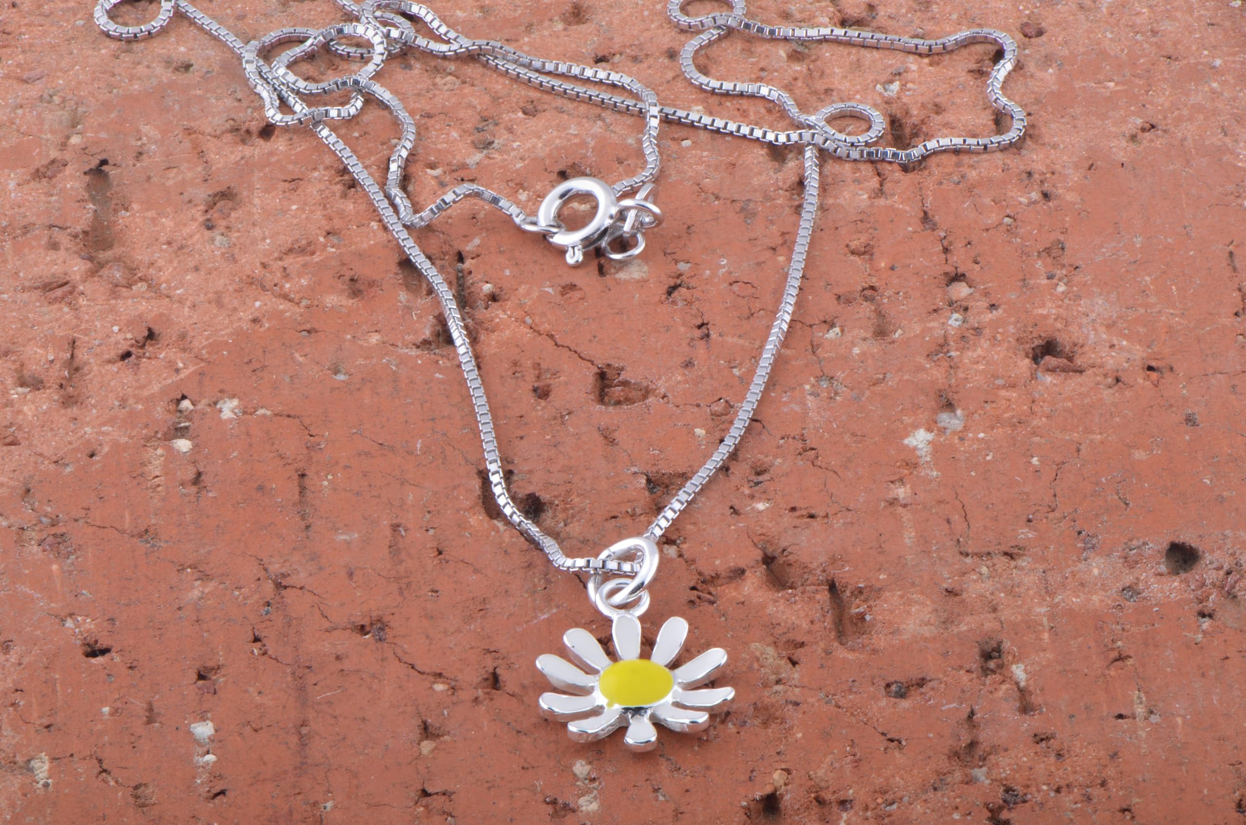 Sterling Silver Ladies Yellow White Enamel Daisy Flower Necklace for Women