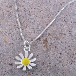 Sterling Silver Ladies Yellow White Enamel Daisy Flower Necklace for Women