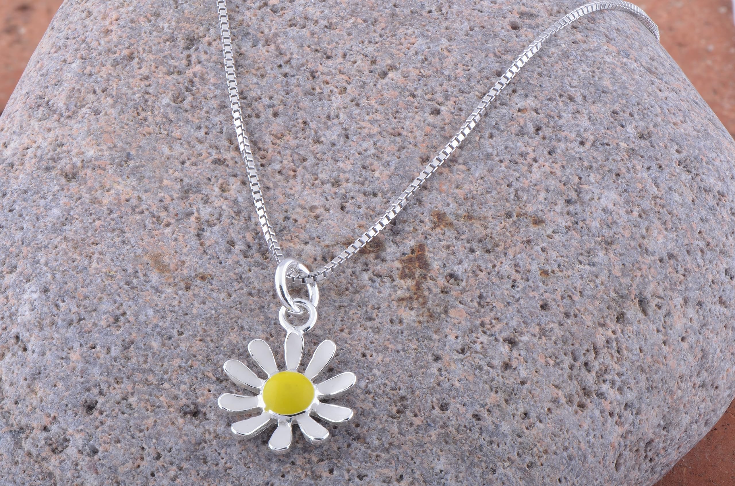 Sterling Silver Ladies Yellow White Enamel Daisy Flower Necklace for Women