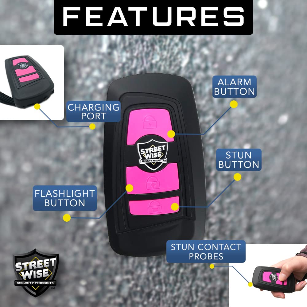 Streetwise Car Key FOB Stun Gun for Self Defense Keychain with Alarm, LED Flashlight, and Safety Switch - Razor 23,000,000* Pink