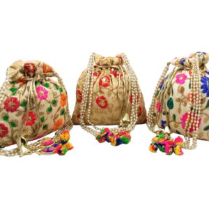 GoldGiftIdeas Ethnic Kuchhi Flower Embellished Potli Bags with Pearl Handle, Potli Bags for Return Gift, Bridal Potli Bags for Wedding,Shagun Potlies, Traditional Party Favor Bags (Set of 3)