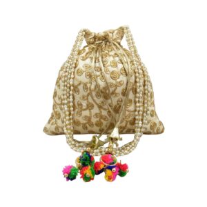 GoldGiftIdeas Ethnic Kuchhi Flower Embellished Potli Bags with Pearl Handle, Potli Bags for Return Gift, Bridal Potli Bags for Wedding,Shagun Potlies, Traditional Party Favor Bags (Set of 3)