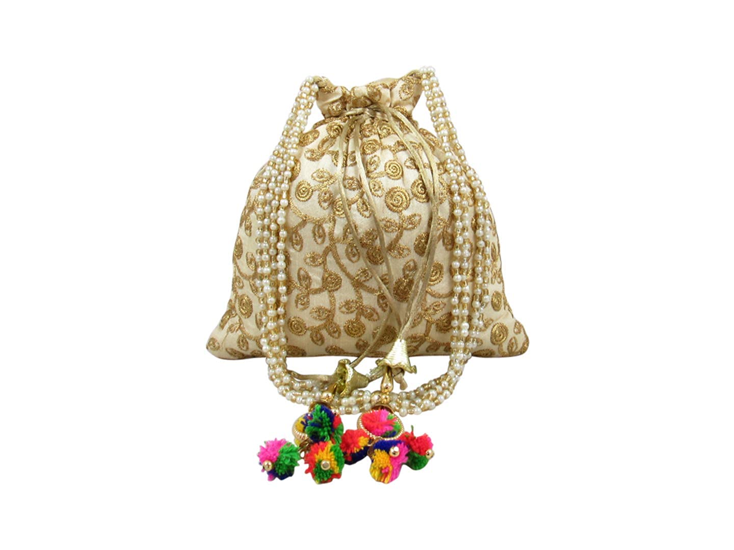 GoldGiftIdeas Ethnic Kuchhi Flower Embellished Potli Bags with Pearl Handle, Potli Bags for Return Gift, Bridal Potli Bags for Wedding,Shagun Potlies, Traditional Party Favor Bags (Set of 3)