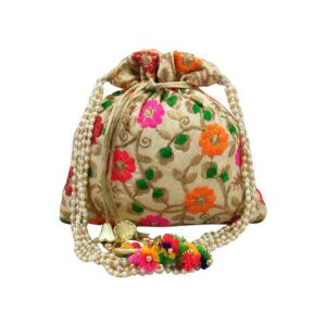 GoldGiftIdeas Ethnic Kuchhi Flower Embellished Potli Bags with Pearl Handle, Potli Bags for Return Gift, Bridal Potli Bags for Wedding,Shagun Potlies, Traditional Party Favor Bags (Set of 3)