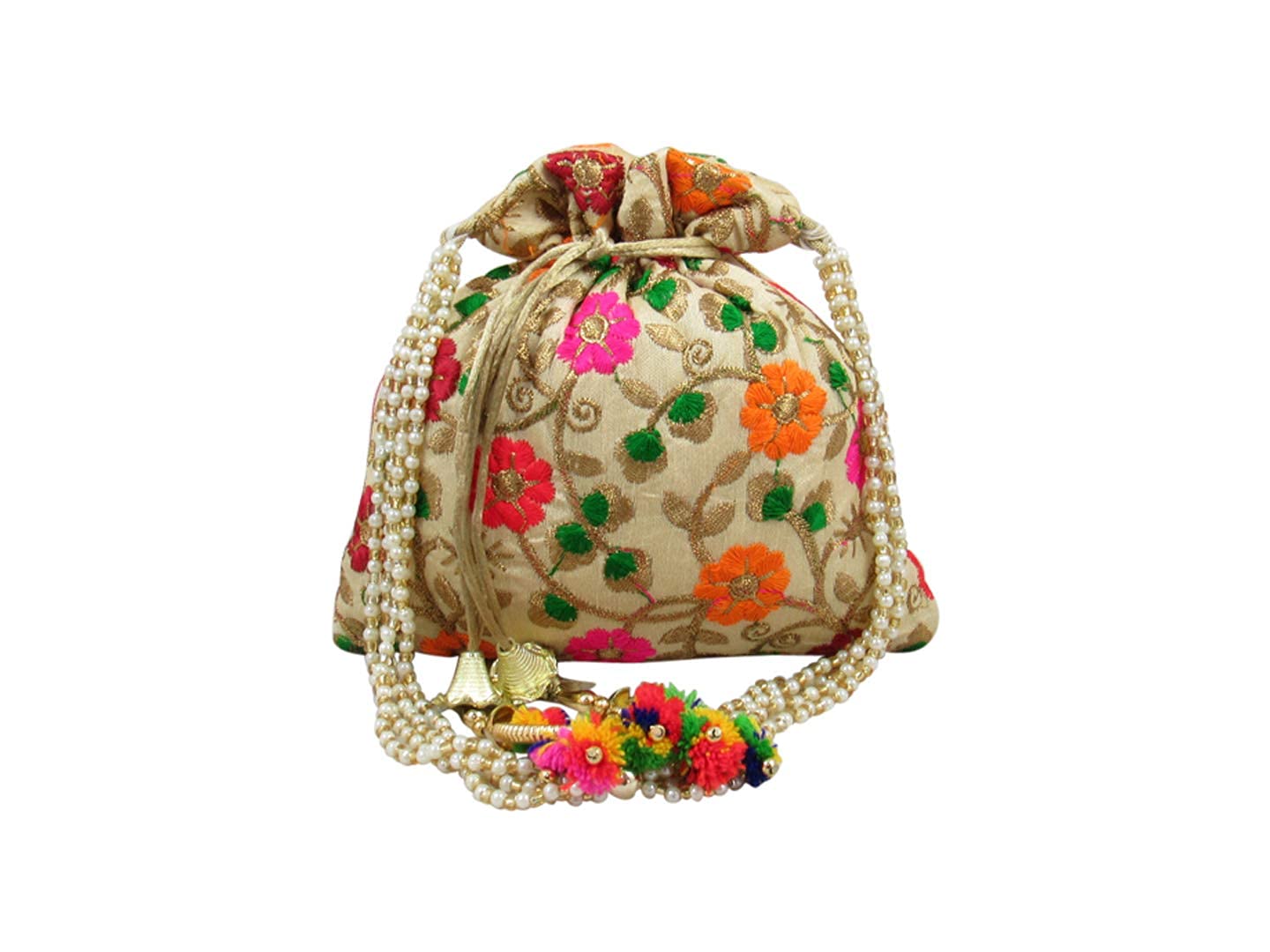 GoldGiftIdeas Ethnic Kuchhi Flower Embellished Potli Bags with Pearl Handle, Potli Bags for Return Gift, Bridal Potli Bags for Wedding,Shagun Potlies, Traditional Party Favor Bags (Set of 3)