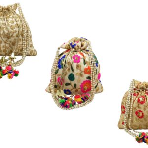 GoldGiftIdeas Ethnic Kuchhi Flower Embellished Potli Bags with Pearl Handle, Potli Bags for Return Gift, Bridal Potli Bags for Wedding,Shagun Potlies, Traditional Party Favor Bags (Set of 3)