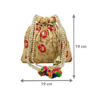 GoldGiftIdeas Ethnic Kuchhi Flower Embellished Potli Bags with Pearl Handle, Potli Bags for Return Gift, Bridal Potli Bags for Wedding,Shagun Potlies, Traditional Party Favor Bags (Set of 3)