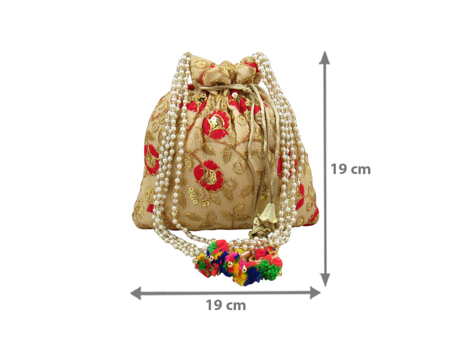 GoldGiftIdeas Ethnic Kuchhi Flower Embellished Potli Bags with Pearl Handle, Potli Bags for Return Gift, Bridal Potli Bags for Wedding,Shagun Potlies, Traditional Party Favor Bags (Set of 3)