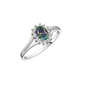 Rylos Rings for Women 14K White Gold Ring Classic Halo Diamond Birthstone Ring 6X4MM Oval June Alexandrite Jewelry for Women Size 7