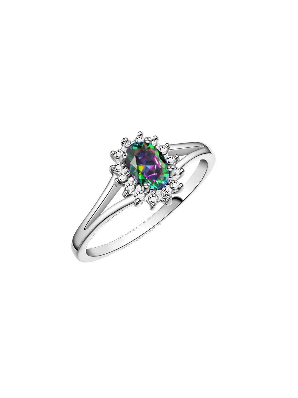 Rylos Rings for Women 14K White Gold Ring Classic Halo Diamond Birthstone Ring 6X4MM Oval June Alexandrite Jewelry for Women Size 7