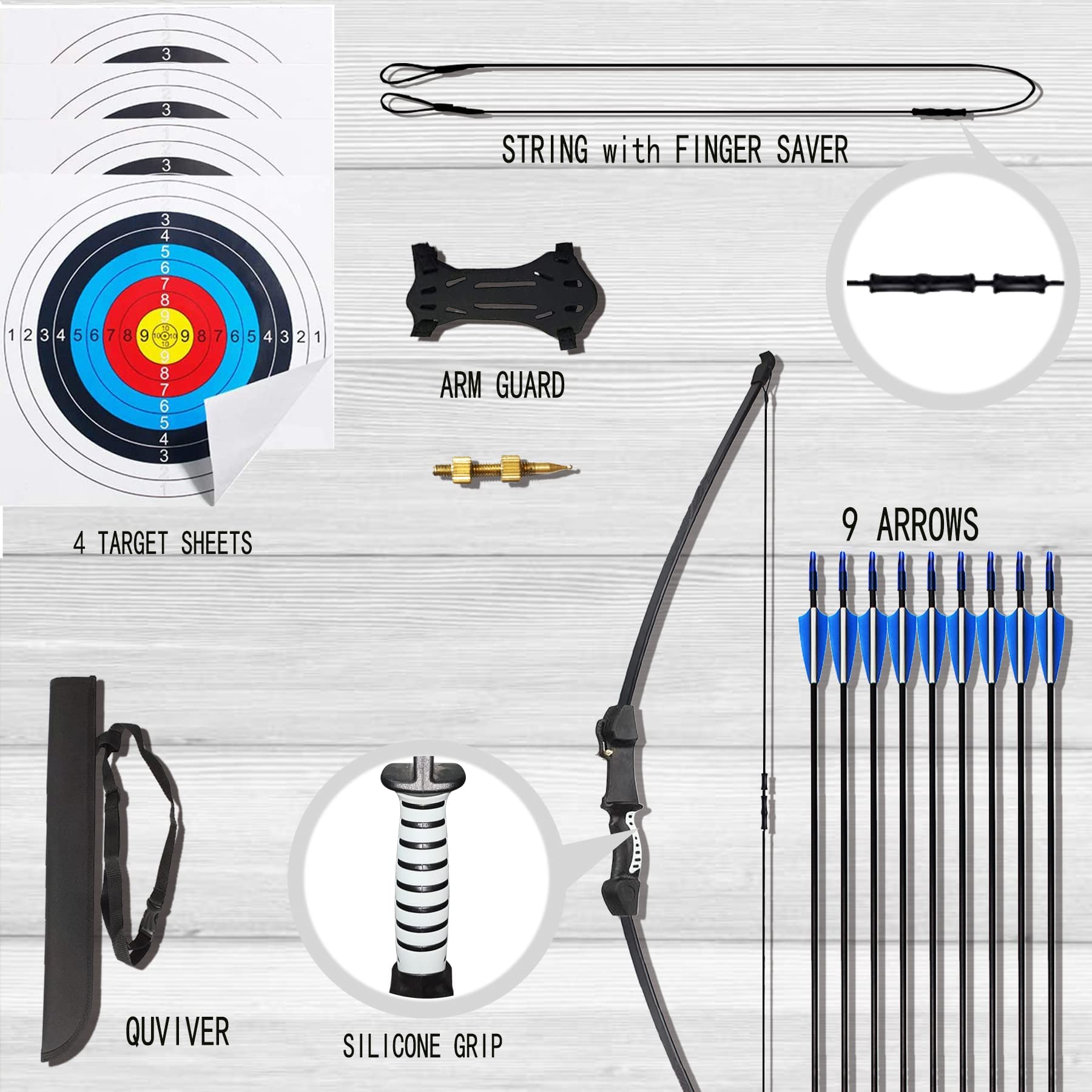 Mxessua 45" Bow and Arrows Set for Teens Recurve Archery Beginner Gift Longbow Kit 9 Arrows, 4 Target Face for Backyard Game