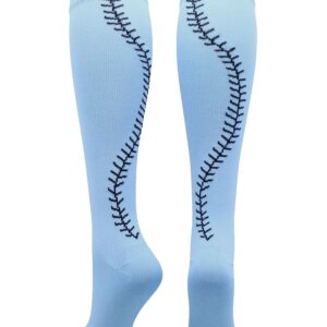 MadSportsStuff Softball Socks with Stitches Over the Calf (Columbia Blue/Navy, Small)