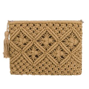 qtkj women's summer beach straw crochet clutch bag woven envelope tassel bag with zipper (light coffee)