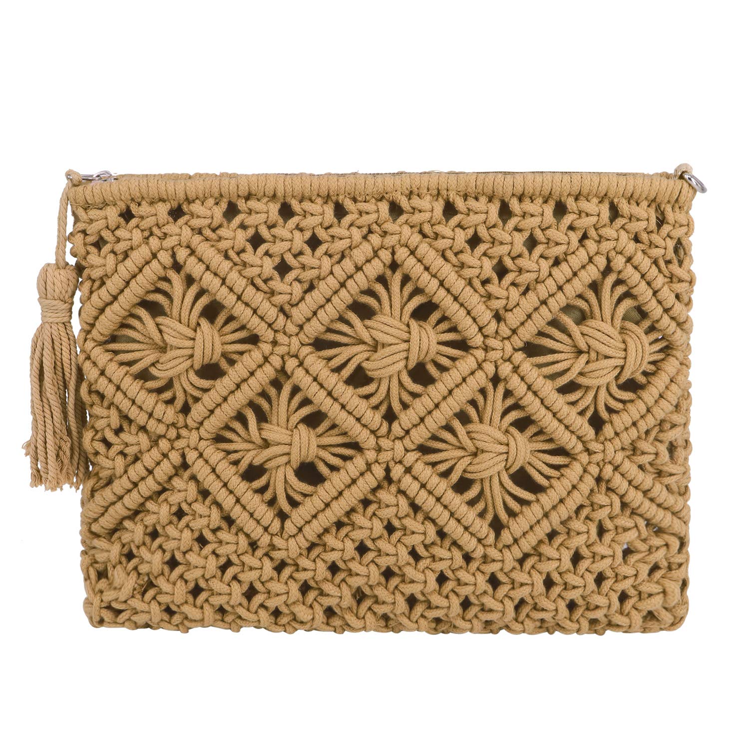 QTKJ Women's Summer Beach Straw Crochet Clutch Bag Woven Envelope Tassel Bag with Zipper (Light Coffee)