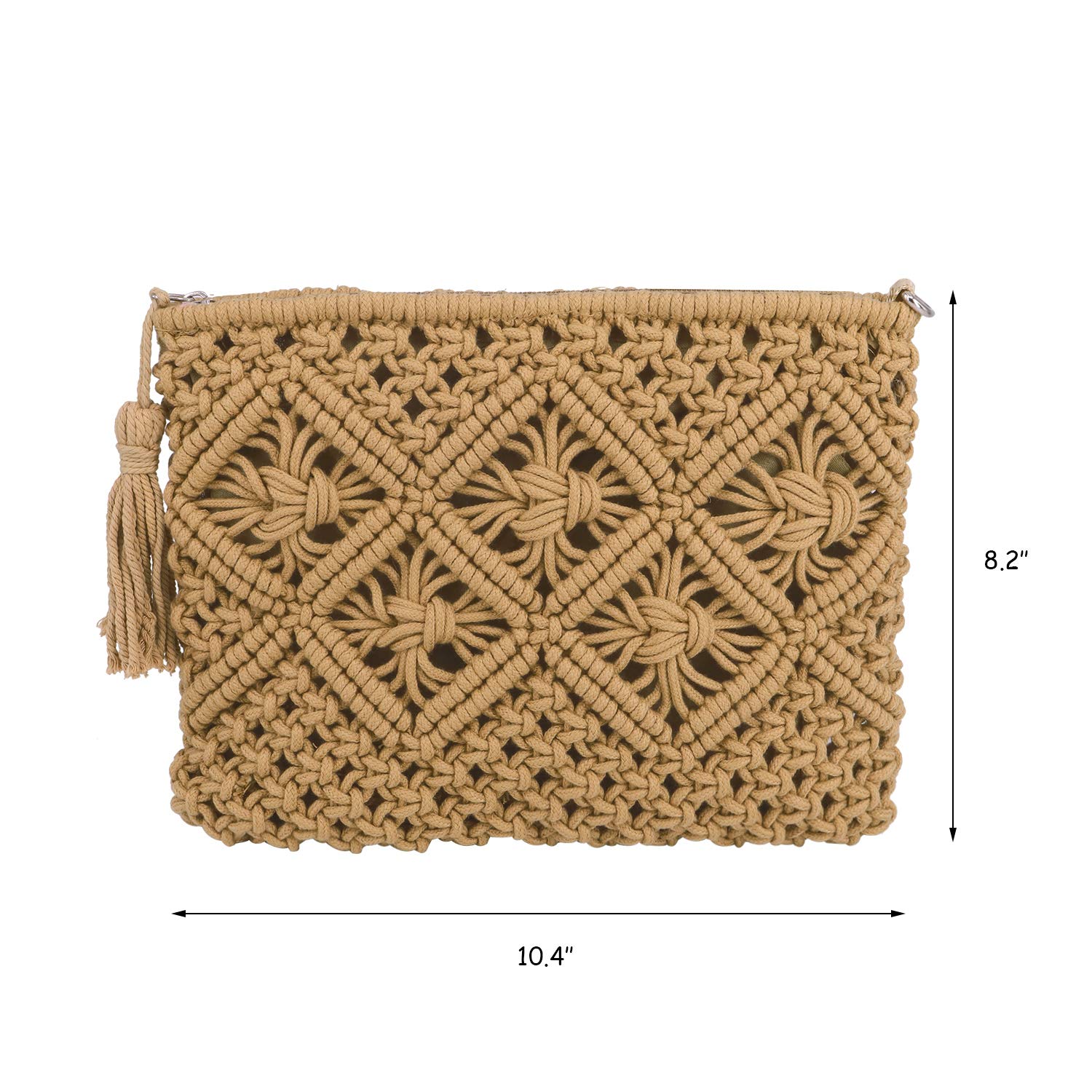 QTKJ Women's Summer Beach Straw Crochet Clutch Bag Woven Envelope Tassel Bag with Zipper (Light Coffee)