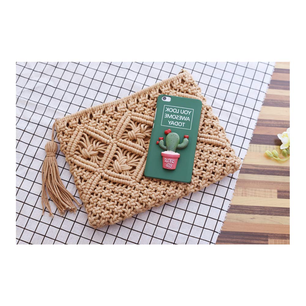 QTKJ Women's Summer Beach Straw Crochet Clutch Bag Woven Envelope Tassel Bag with Zipper (Light Coffee)