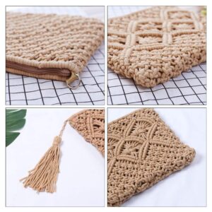 QTKJ Women's Summer Beach Straw Crochet Clutch Bag Woven Envelope Tassel Bag with Zipper (Light Coffee)