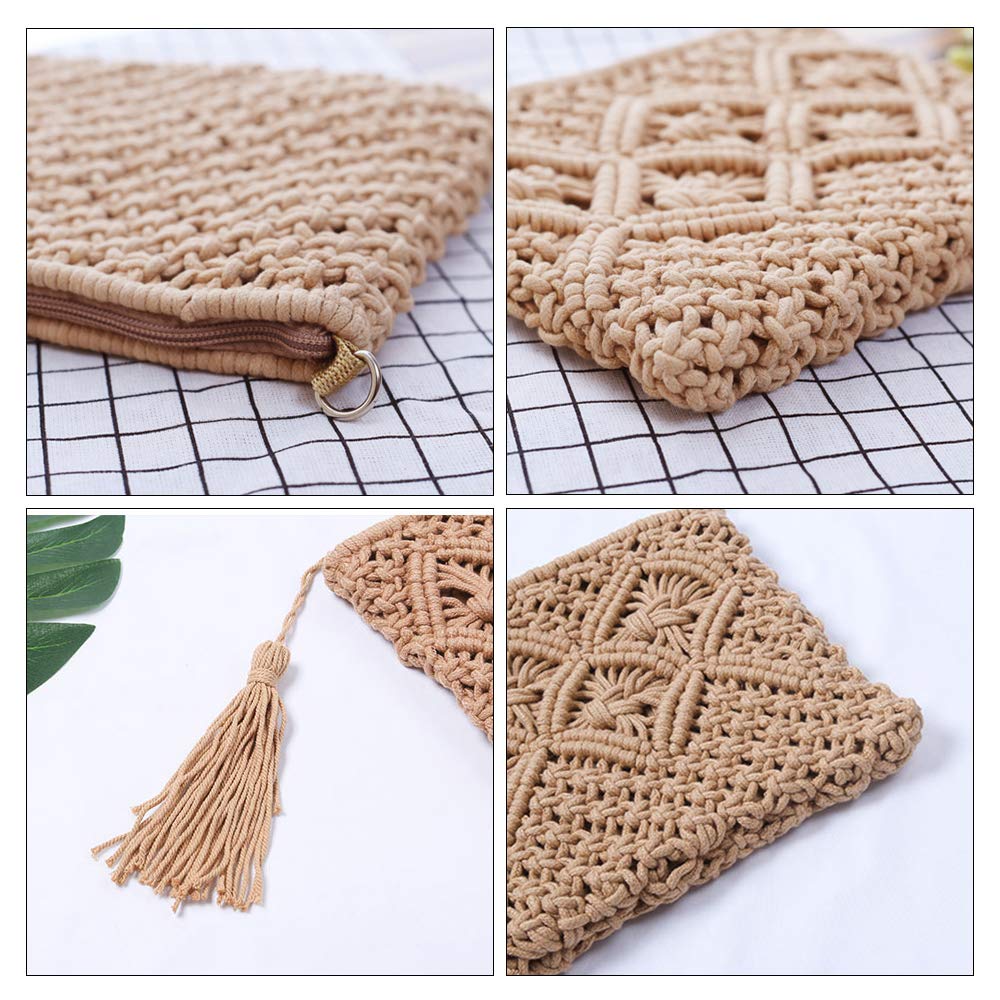 QTKJ Women's Summer Beach Straw Crochet Clutch Bag Woven Envelope Tassel Bag with Zipper (Light Coffee)