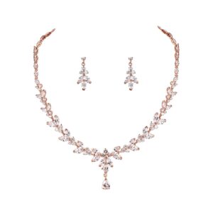 weimanjewelry silver/gold plated women cubic zirconia round cz marquise teardrop bridal necklace and drop earring set for bride wedding (rose gold)