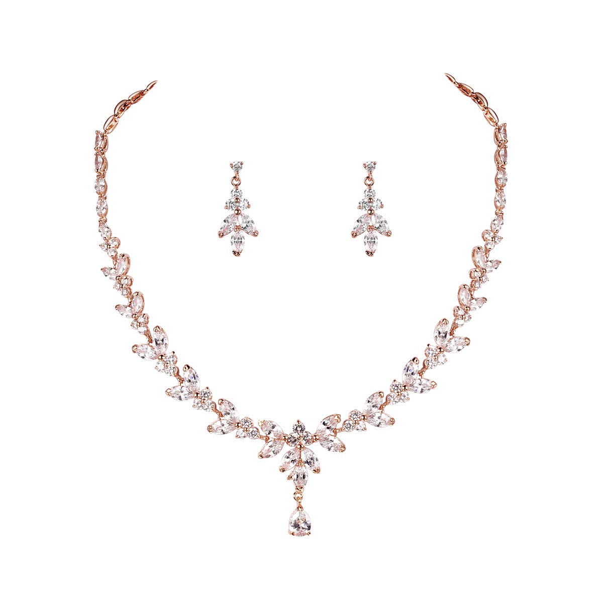 WeimanJewelry Silver/Gold Plated Women Cubic Zirconia Round CZ Marquise Teardrop Bridal Necklace and Drop Earring set for Bride Wedding (Rose Gold)