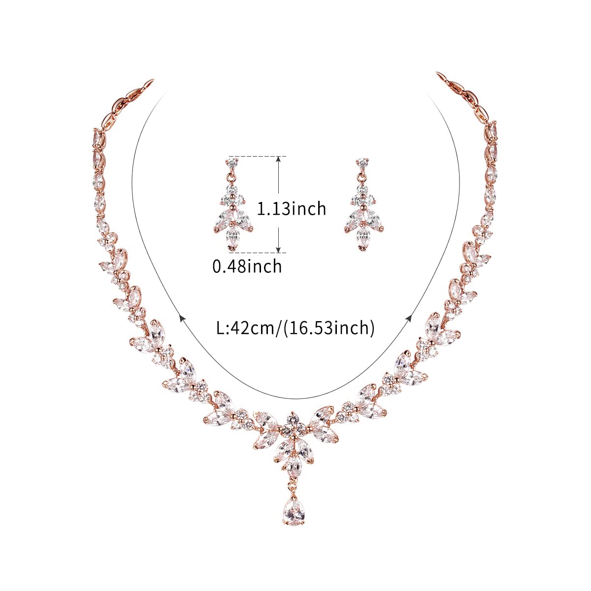 WeimanJewelry Silver/Gold Plated Women Cubic Zirconia Round CZ Marquise Teardrop Bridal Necklace and Drop Earring set for Bride Wedding (Rose Gold)