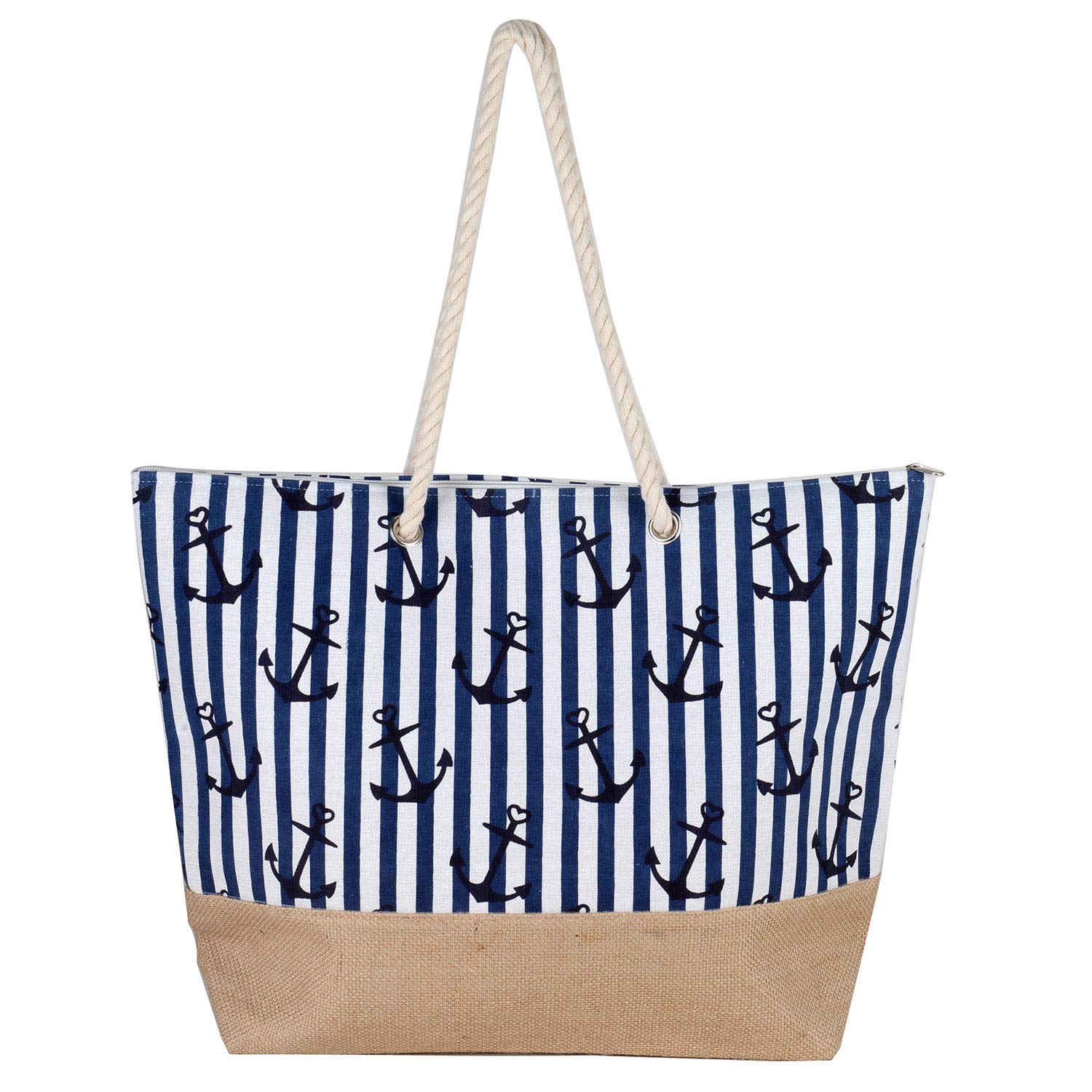 Heavy Shoulder Cotton Rope Handles Ship Anchor Hooks Printed Zipper Closure Women Straw Beach Premium Tote Bag by BB (Navy Blue)