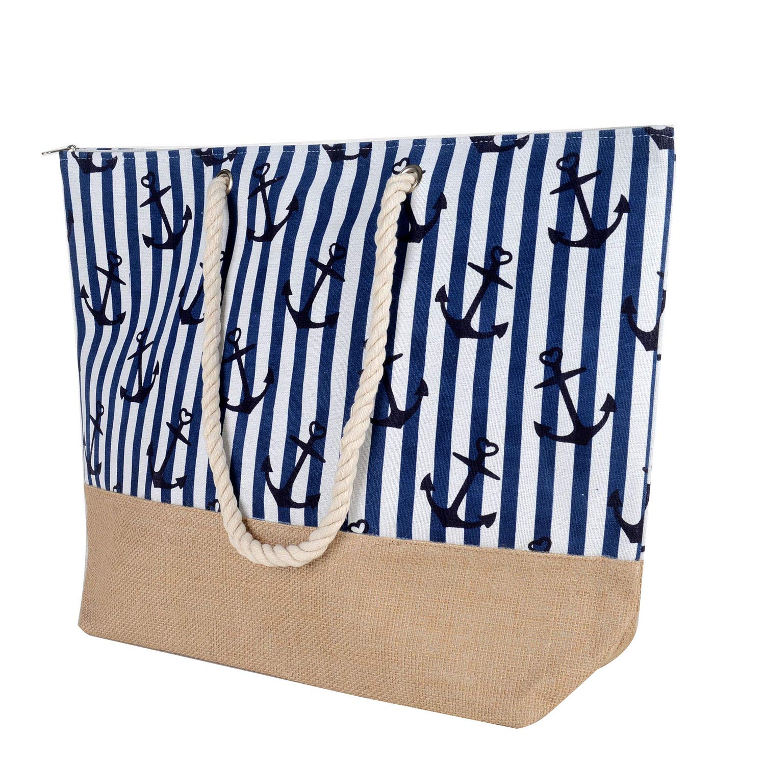 Heavy Shoulder Cotton Rope Handles Ship Anchor Hooks Printed Zipper Closure Women Straw Beach Premium Tote Bag by BB (Navy Blue)