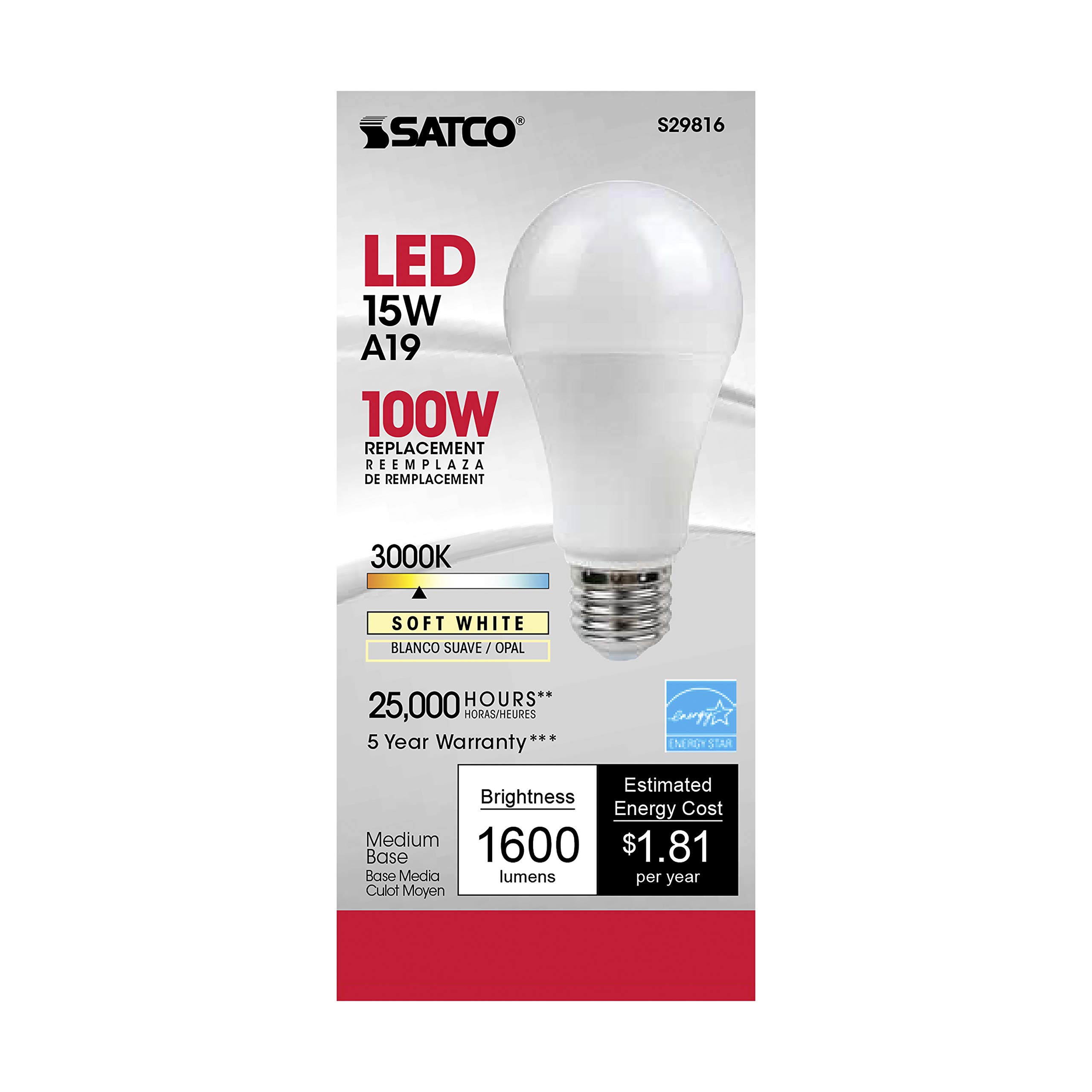 SATCO S29816 15 Watt 120 Volt; A19 LED Light Bulb; Frosted; 3000K; E26 Medium Base; 220 deg. Beam Angle (6 LED Light Bulbs)