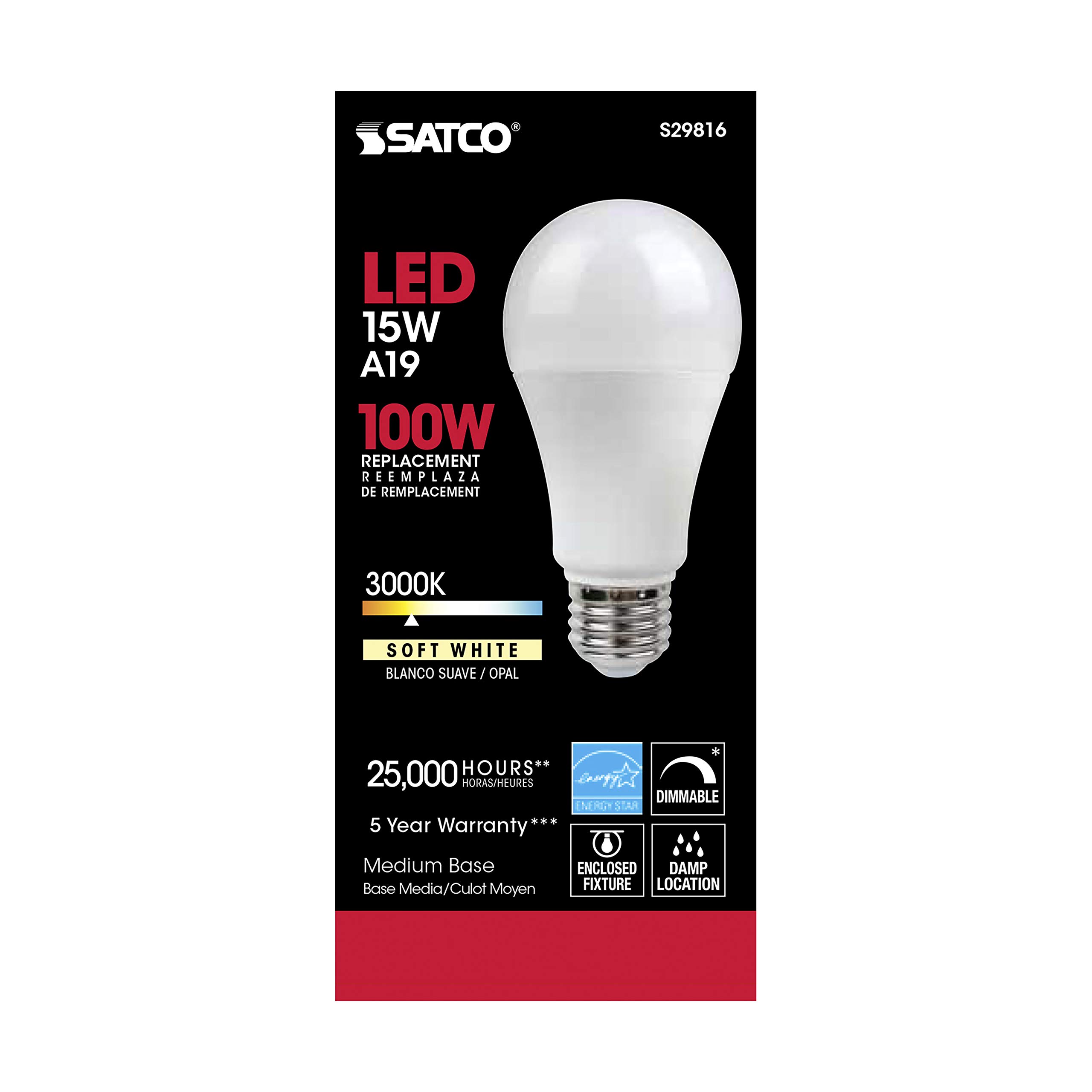 SATCO S29816 15 Watt 120 Volt; A19 LED Light Bulb; Frosted; 3000K; E26 Medium Base; 220 deg. Beam Angle (6 LED Light Bulbs)