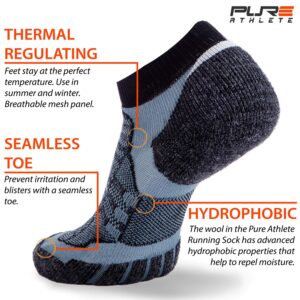 Pure Athlete Merino Wool Socks - Low Show Cushioned Athletic Padded Running Sock (3 Pairs - Black/Grey, Large)