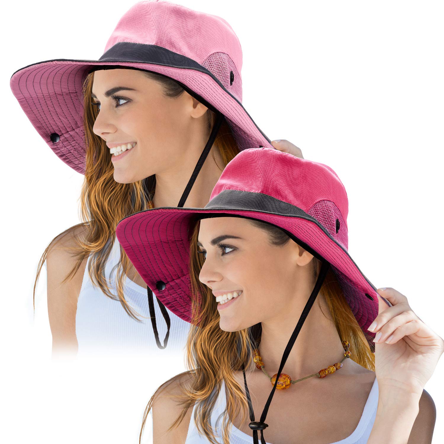 Norme 2 Pieces Women's Outdoor Sun Hat UV Protection Foldable Mesh Wide Brim Beach Fishing Cap Ponytail(Watermelon Red, Pink)