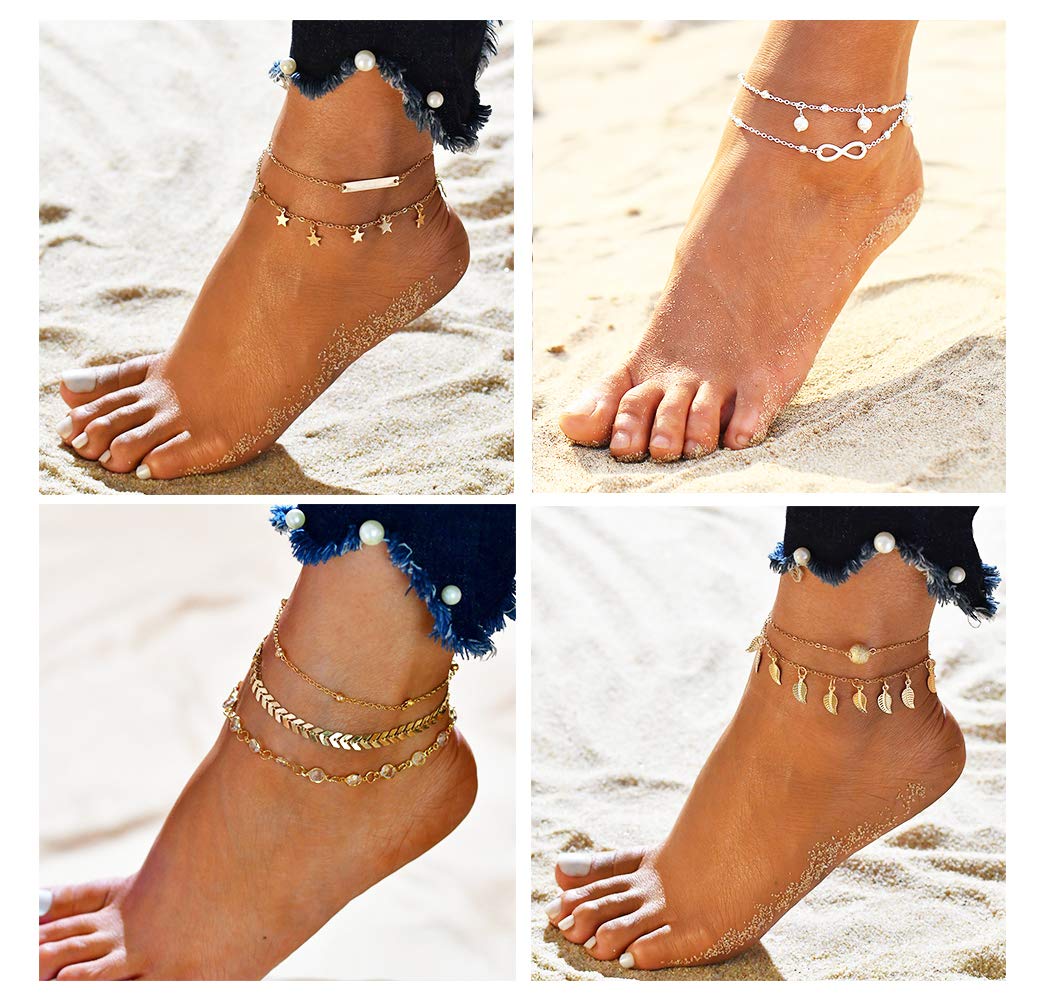 FUNEIA 12/16/30Pcs Ankle Bracelets for Women Gold Silver Rose Gold Charm Anklets Set for Teens Boho Layered Beach Adjustable Foot Chain Summer Beach Jewelry