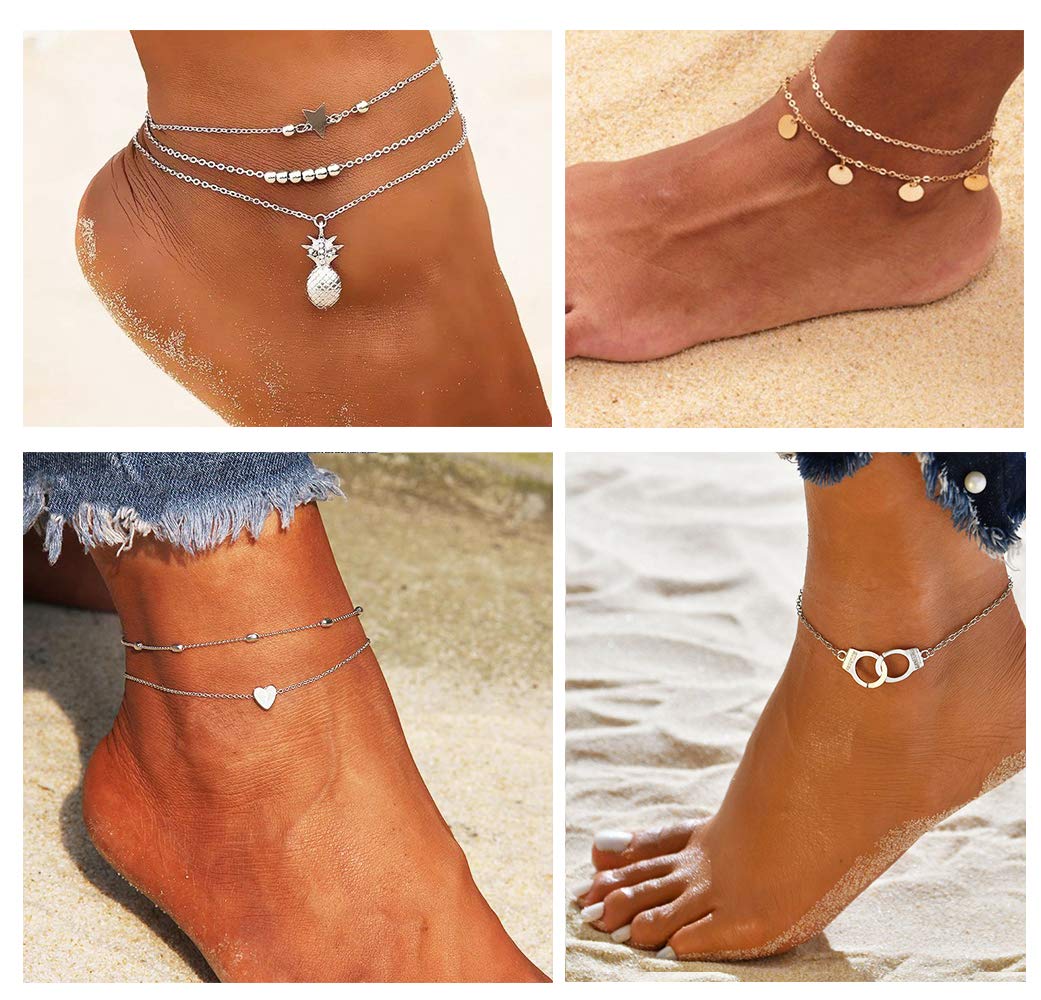 FUNEIA 12/16/30Pcs Ankle Bracelets for Women Gold Silver Rose Gold Charm Anklets Set for Teens Boho Layered Beach Adjustable Foot Chain Summer Beach Jewelry