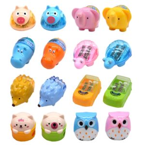 cartoon animal pencil sharpeners, cute two-holes plastic pencil sharpener, school student stationery supplies (set of 16)