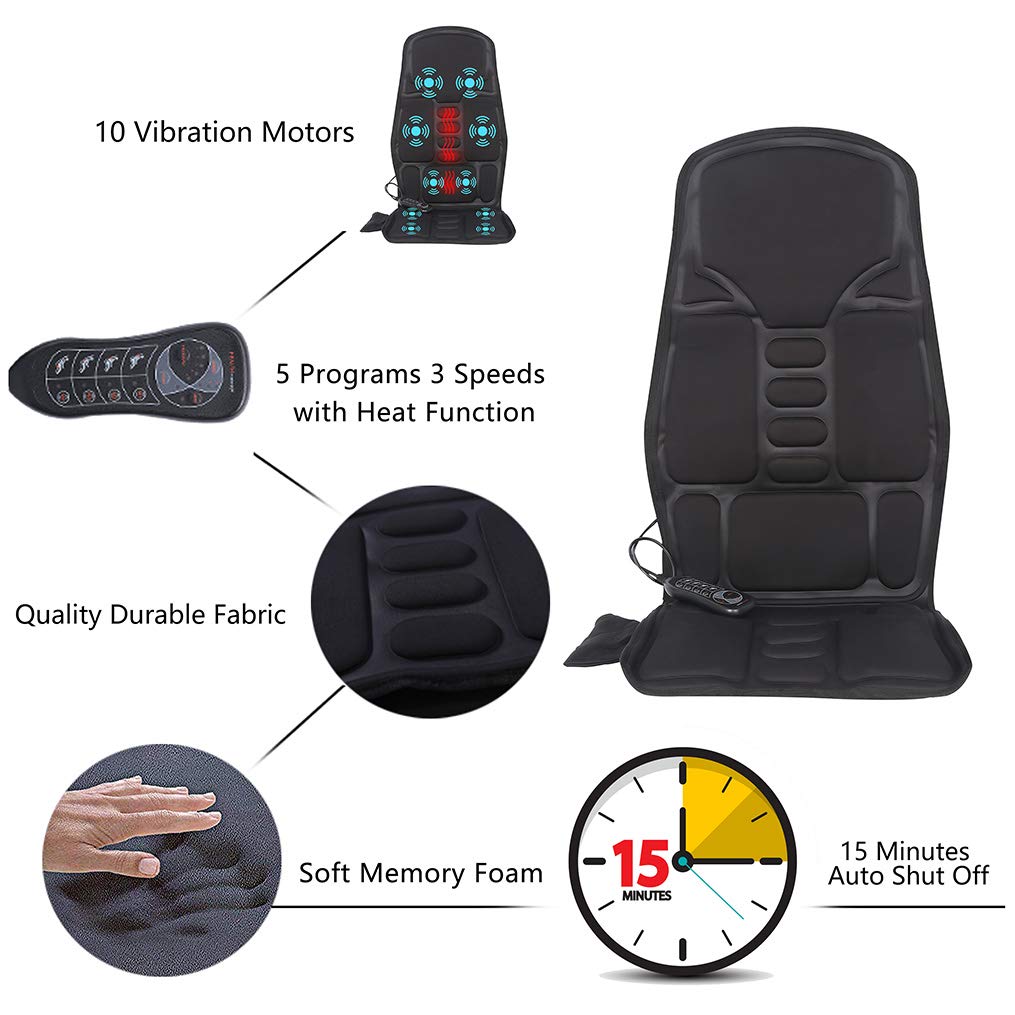 SLOTHMORE IDODO Vibration Back Massage Cushion, Massager Chair Pad with Heat, 10 Vibrating Motors & Heating Therapy to Release Stress and Fatigue for Car Use, Home or Office