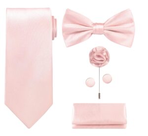 tie g 5pcs tie set in gift box : solid color necktie, satin bow tie, pocket square, lapel, cuff links (blush pink)