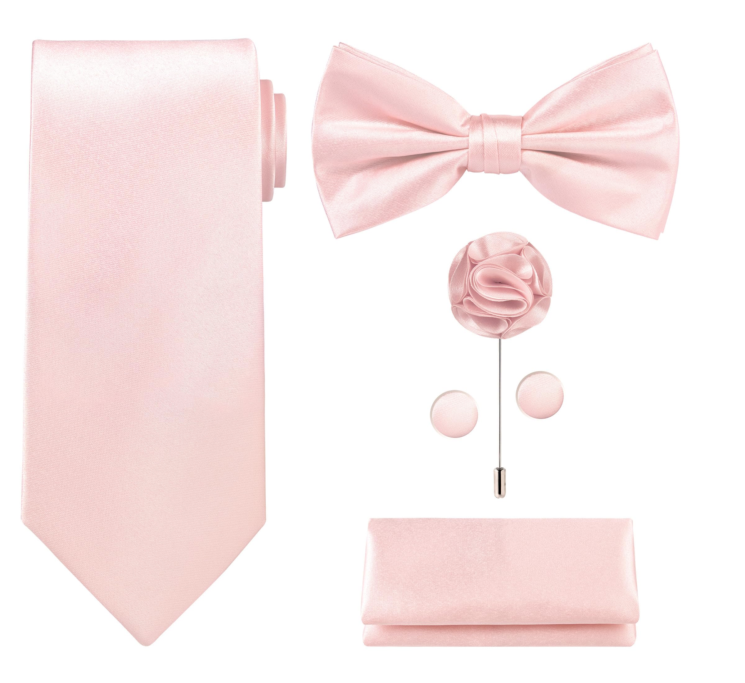 TIE G 5pcs Tie Set in Gift Box : Solid Color Necktie, Satin Bow Tie, Pocket Square, Lapel, Cuff Links (Blush Pink)