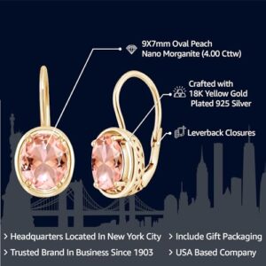 Gem Stone King 18K Yellow Gold Plated Silver Peach Nano Morganite Earrings For Women (4.00 Cttw, Oval 9X7MM)